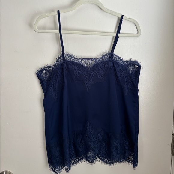 Tops | Sultry Flowy Style Navy Blue Lace Trim Detailed Tank Top | Poshmark